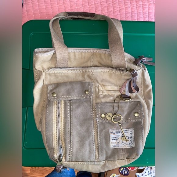Fossil | Bags | Fossil Canvas Tote Bag In Khaki Tangreen | Poshmark